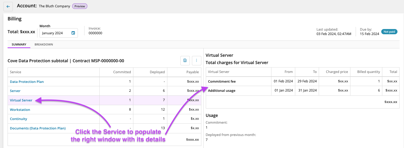 View billing information for Cove Data Protection