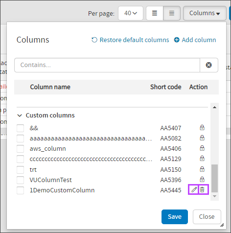 Custom columns in Backup & Recovery Console