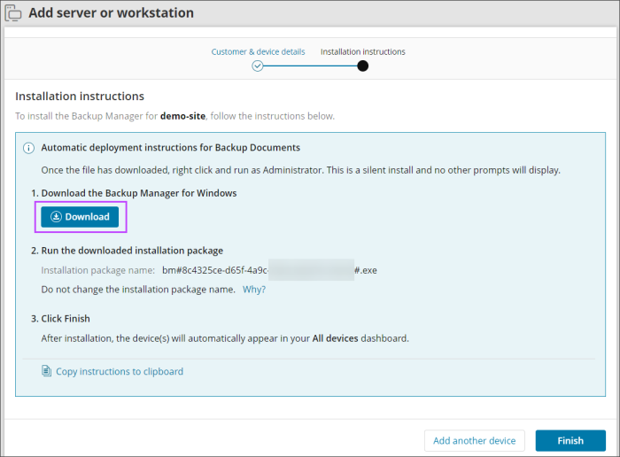 Documents backup installation instructions