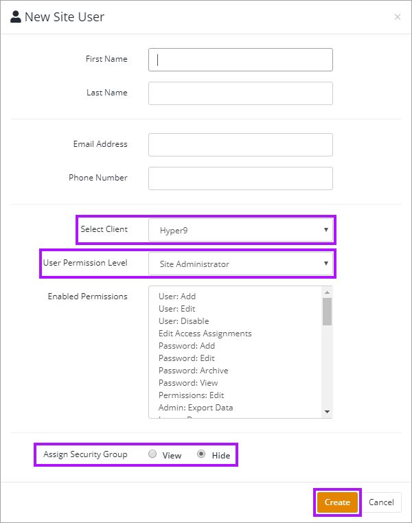 Create Site End Administrator User